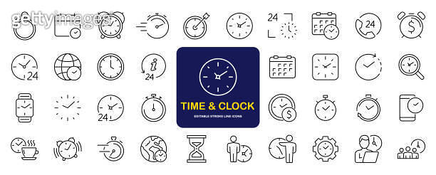 Time and Clock set of web icons in line style. Time management. Timer, Speed, Date, Countdown ...
