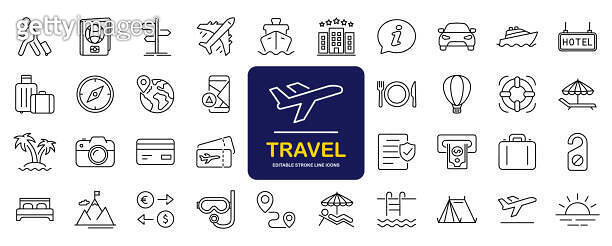 Travel and Tourism set of web icons in line style.Travel and vacation ...