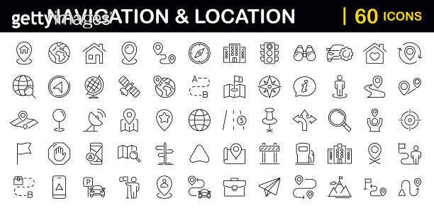 Navigation and location set of web icons in line style. Map location and navigation icons for ...