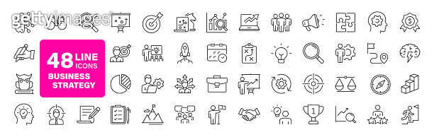 Business strategy set of web icons in line style. Business solutions ...