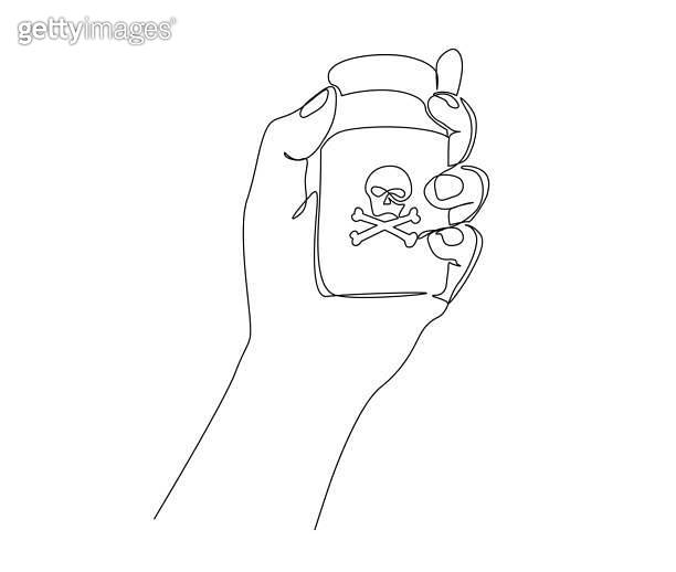 Continuous one line drawing of hand holding poison in bottle. Bottle of ...