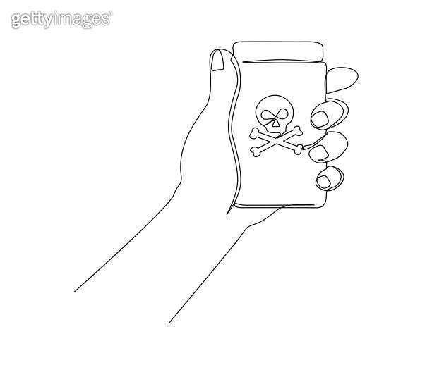 Continuous one line drawing of hand holding poison in bottle. Bottle of ...