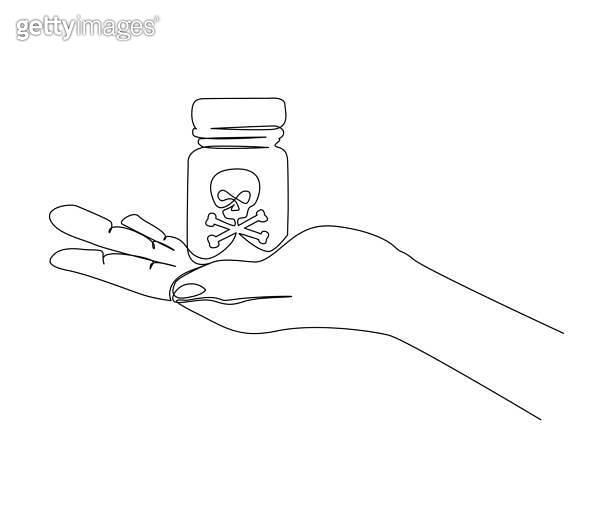 Continuous one line drawing of hand holding poison in bottle. Bottle of ...