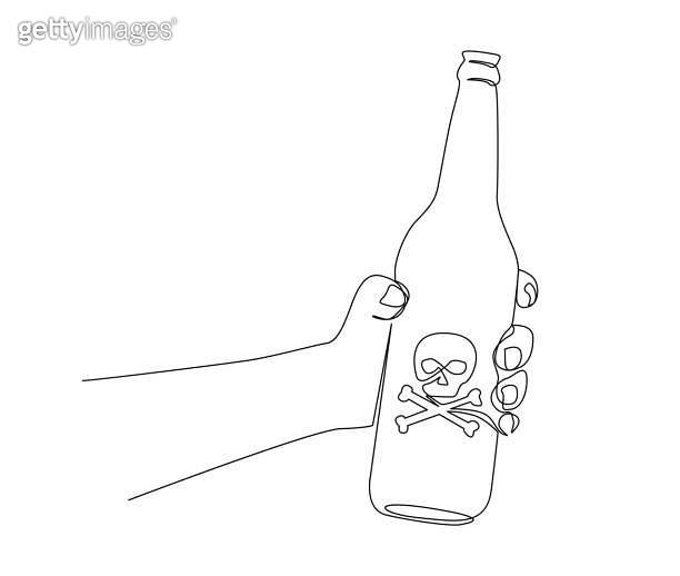 Continuous one line drawing of hand holding poison in bottle. Bottle of ...
