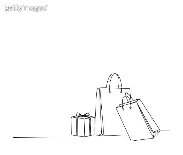 Continuous one line drawing of Shopping bags and gift box. Simple paper ...