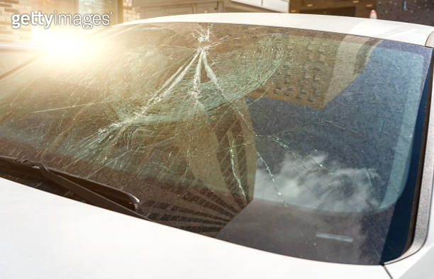 Selective focus of broken car front window windshield. Accident of car ...