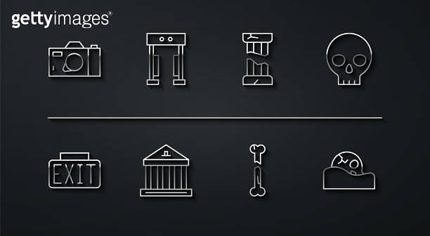 Set line Photo camera, Exit sign, Human skull, broken bone, Museum ...