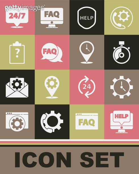 Set Computer monitor and help, Time Management, Stopwatch, Shield with text Help, Speech bubble ...