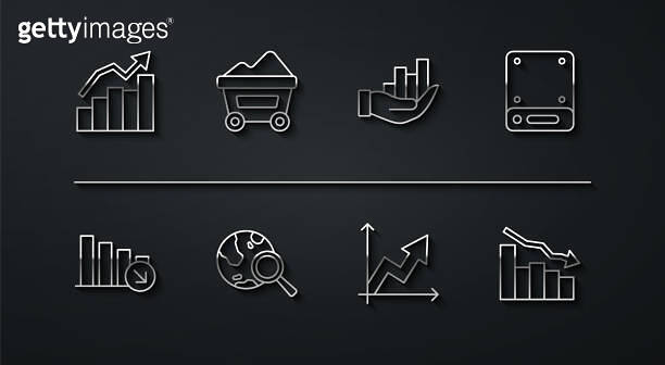 Set line Financial growth, decrease, Server, Search globe, Coal mine trolley, and Pie chart ...