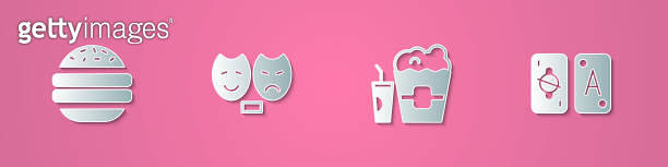 Set paper cut Burger, Comedy and tragedy masks, Popcorn in box glass ...
