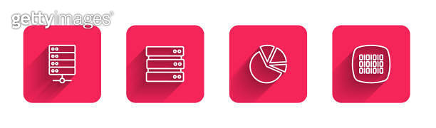 Set line Server, Pie chart infographic and Binary code with long shadow. Red square button ...