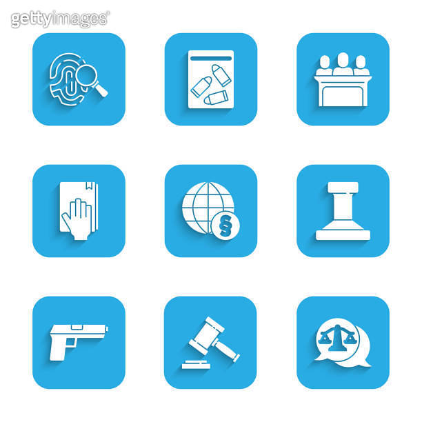 Set International law, Judge gavel, Scales of justice, Stamp, Pistol or ...