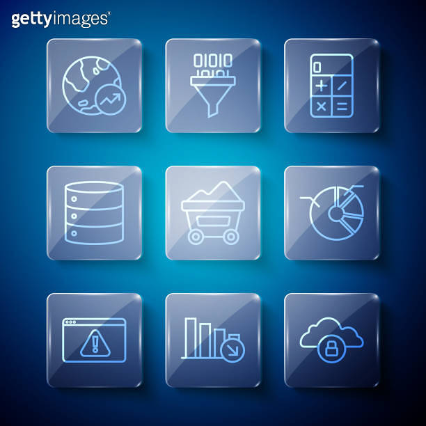 Set line Browser with exclamation mark, Financial growth decrease, Cloud computing lock ...