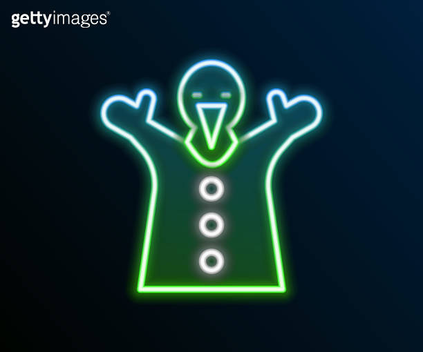 Glowing neon line Toy puppet doll on hand icon isolated on black ...
