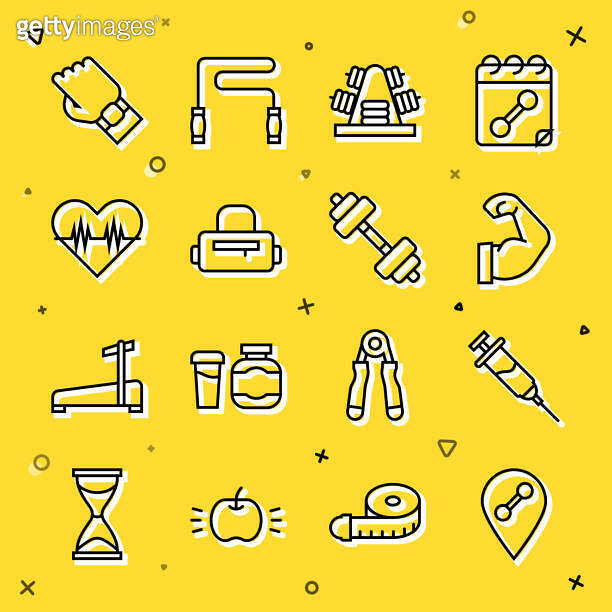 Set line Location gym, Doping syringe, Bodybuilder muscle, Metal rack ...