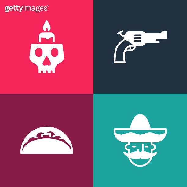 Set pop art Mexican man sombrero, Taco with tortilla, Revolver gun and ...