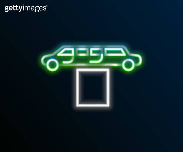 Glowing neon line Luxury limousine car and carpet icon isolated on ...
