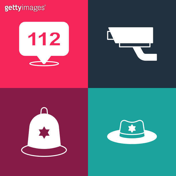 Set pop art Sheriff hat with badge, British police helmet, Security ...