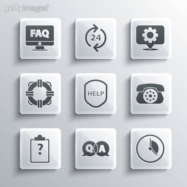 Set Question and Answer, Time Management, Telephone, Shield with text Help, Clipboard question ...