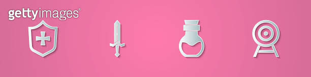 Set paper cut Shield, Medieval sword, Poison in bottle and Target with ...