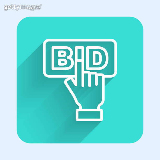White line Bid icon isolated with long shadow background. Auction ...