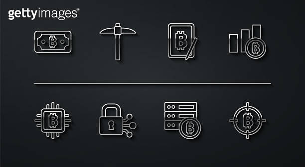 Set line Cryptocurrency bitcoin, CPU mining farm, Pie chart infographic, Server, Lock with ...