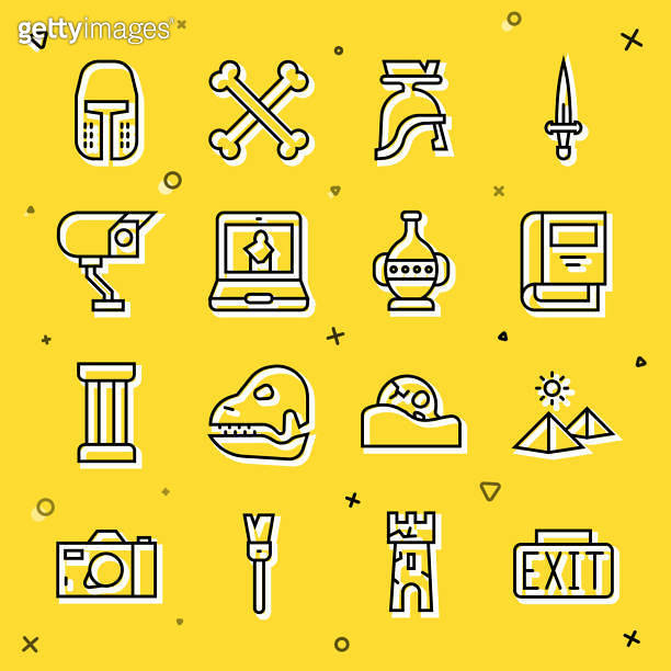 Set line Exit sign, Egypt pyramids, History book, Roman army helmet ...