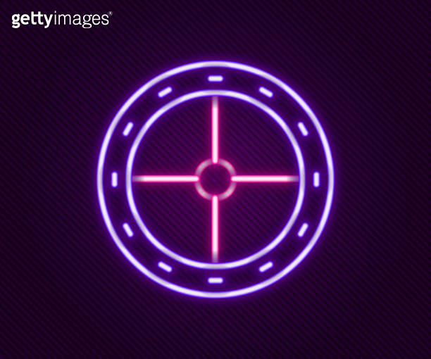 Glowing neon line Round wooden shield icon isolated on black background ...