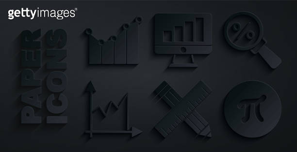 Set Crossed ruler and pencil, Magnifying glass with percent, Graph, schedule, chart, diagram, Pi ...