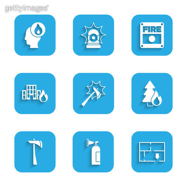 Set Firefighter axe, extinguisher, Evacuation plan, Burning forest tree ...