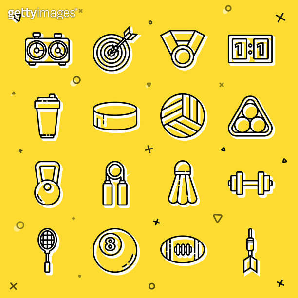 Set line Dart arrow, Dumbbell, Billiard balls in rack triangle, Medal ...