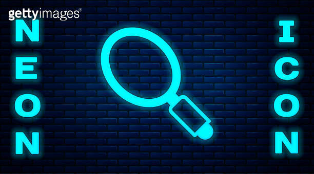 Glowing neon Hand mirror icon isolated on brick wall background. Vector ...