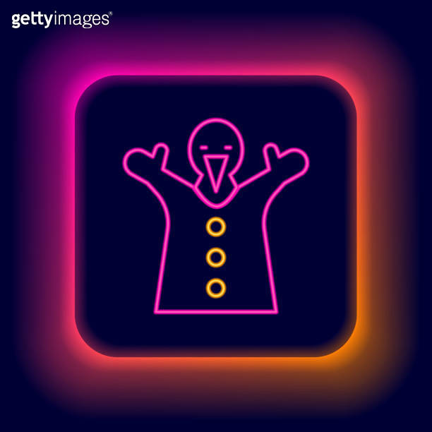 Glowing neon line Toy puppet doll on hand icon isolated on black ...
