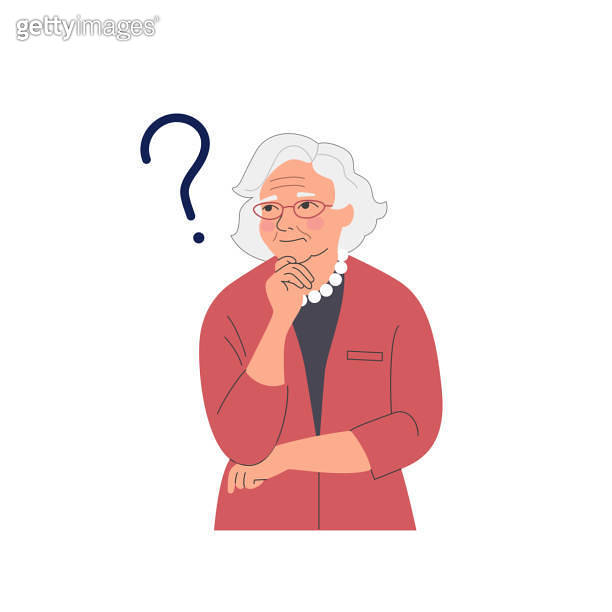 Elderly woman with question mark in think bubble. Flat style cartoon ...
