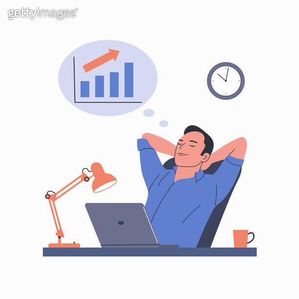 Young man sit at desk distracted from computer work dreaming of profit ...