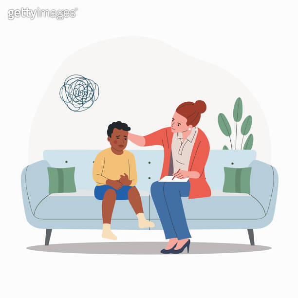 Child psychiatrist work with small black boy on the sofa. Psychological ...