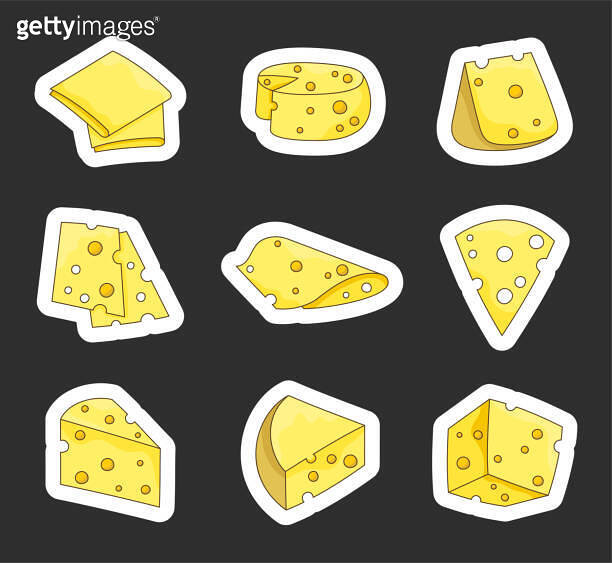 Slices and slicing of cheese. Sticker Bookmark. Parmesan, mozzarella ...