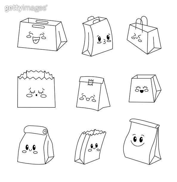 Cute happy paper bag. Coloring Page. Funny food product box package ...