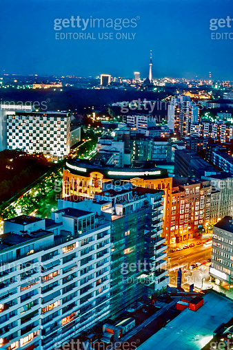 Berlin, Germany, High Angle, CItyscape at Night, Looking East from West ...