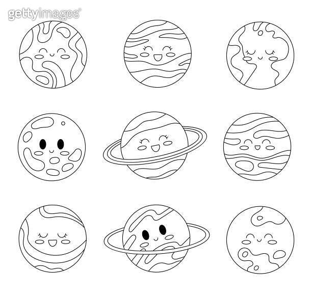 Cute cartoon smiling planets. Coloring Page. Solar system. Kawaii ...
