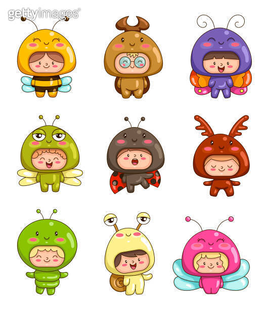 Children in insects costumes. Cute boys and girls cartoon characters in ...