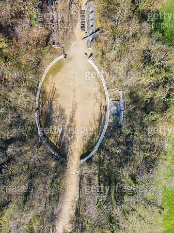 Aerial drone view over the ancient Roman amphitheater ruins at Augusta ...