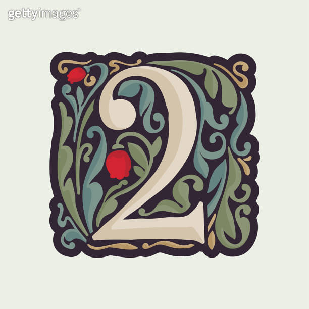 Number two illuminated initial with curve leaf ornament and tulips ...