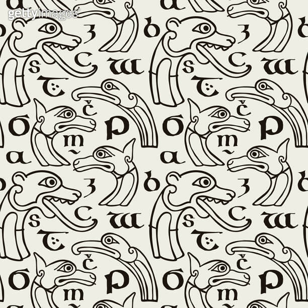 Medieval seamless pattern of Lindisfarne calligraphy and beasts. Dim ...