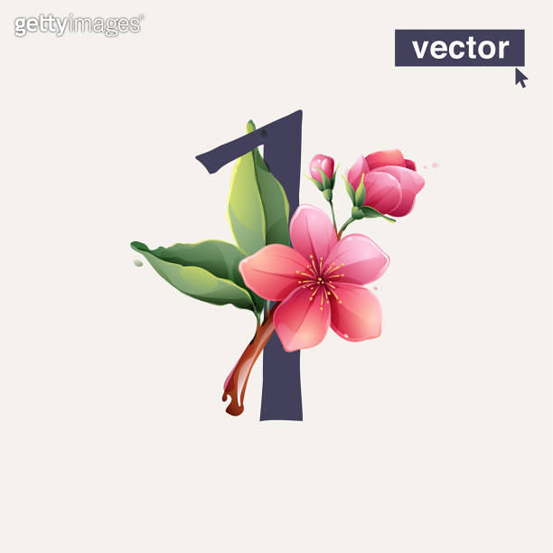 1 logo. Number one with Sakura blooming flowers. Vector realistic ...