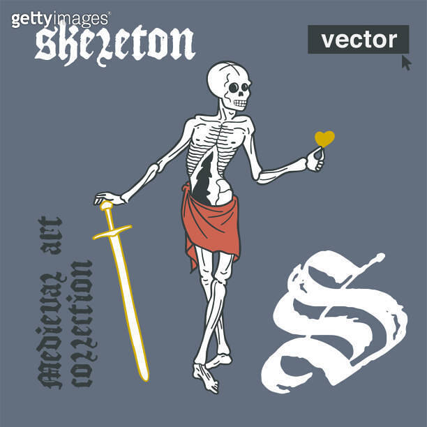 Skeleton with sword medieval style illustration. Engraving art with ...