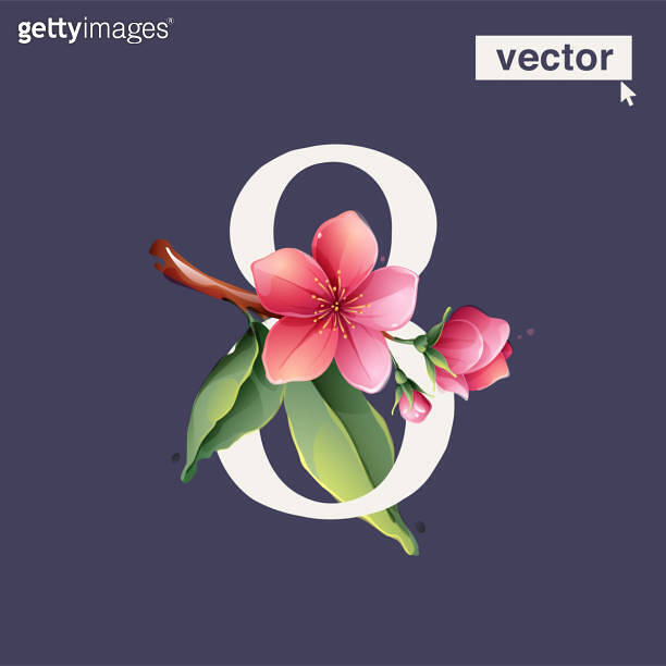 8 logo. Number eight with Sakura blooming flowers. Vector realistic ...