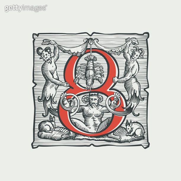 8 logo. Number eight medieval dropcap. Devil, witches and ghosts in ...