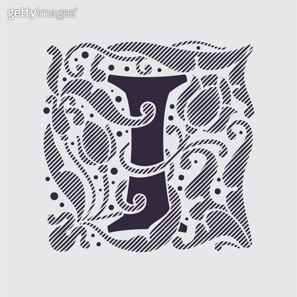 Medieval capital letter I logo in floral ornament and diagonal hatching ...