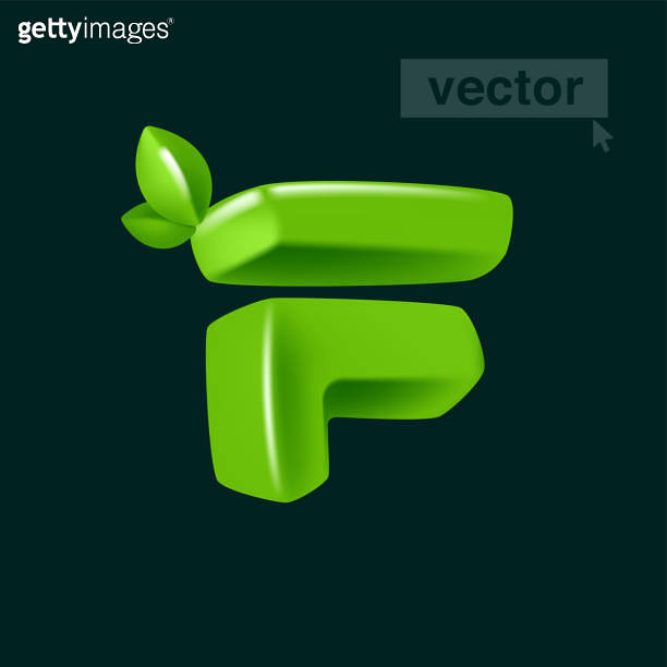 Letter F logo 3D render in cartoon cubic style with green leaves. Eco ...